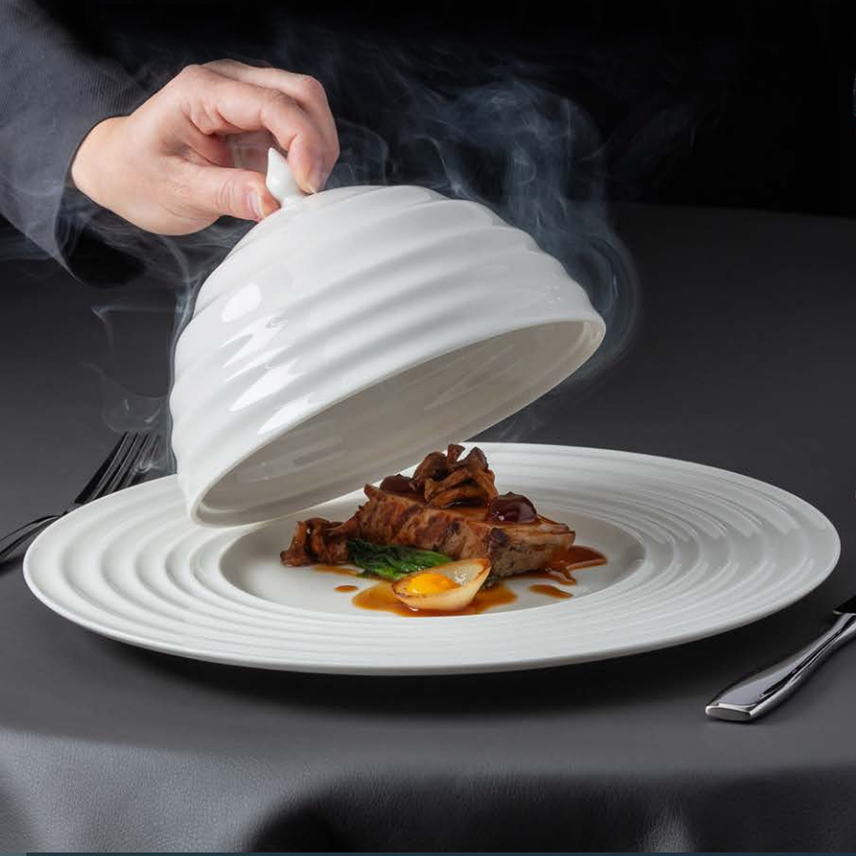 Dish and Cloche with Hide relief Rak Porcelain Casolaro Hotellerie Spa